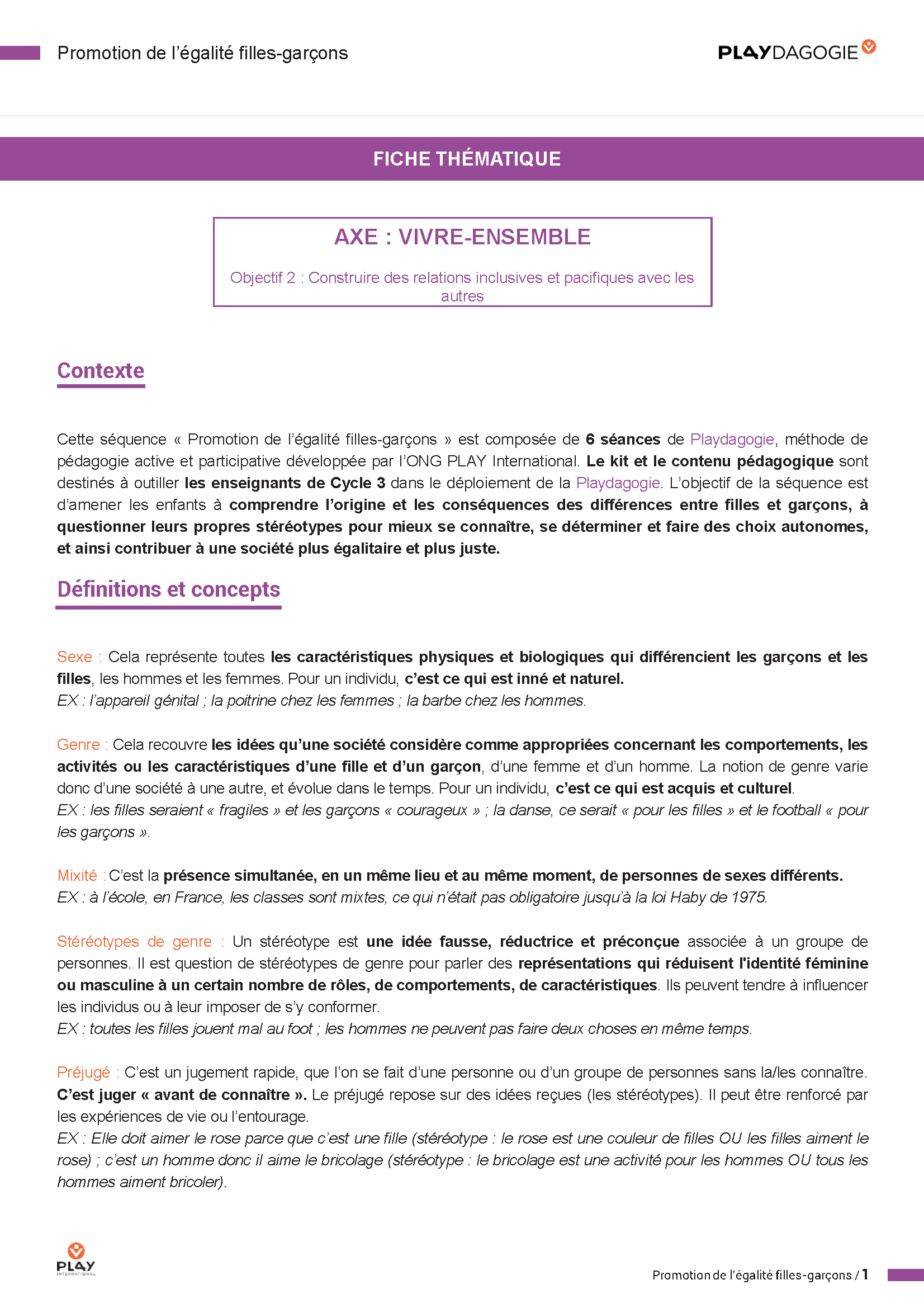 Fiche thématique - égalité filles garçons
